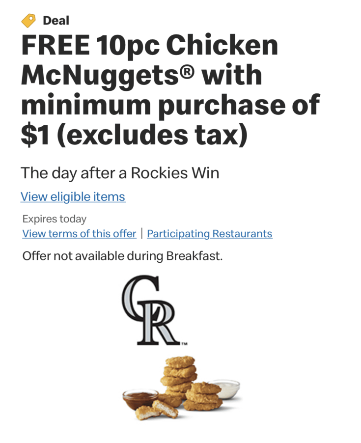 Today! When Rockies Win, Score 10 Free Chicken Nuggets at McDonald's ...
